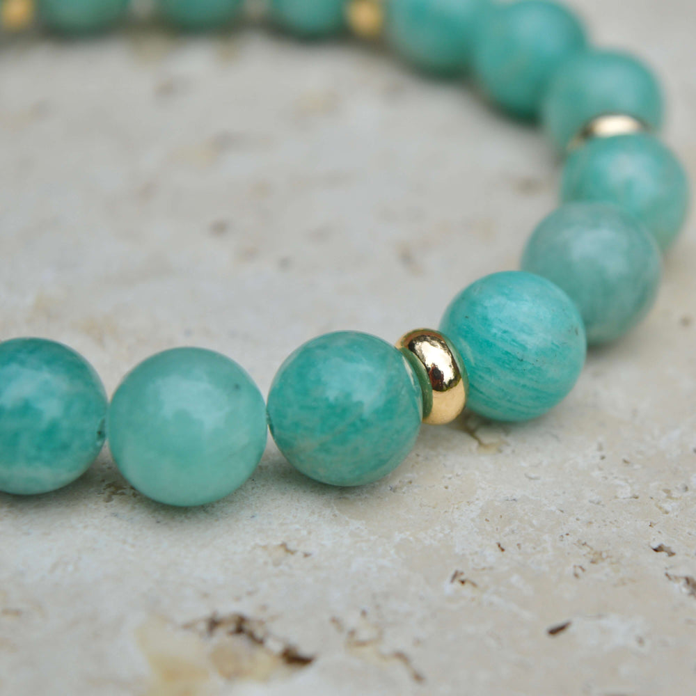A GRADE AMAZONITE & GOLD BEADED BRACELET - HALCYON COLLECTION